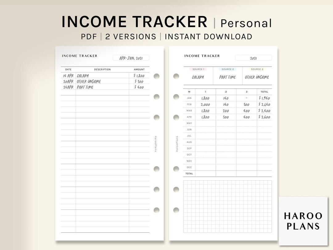Income Tracker | Personal Size Printable Planner Inserts | Money Log ...