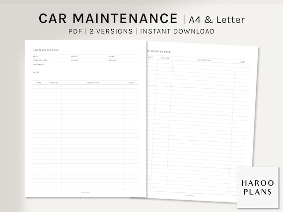 Car Maintenance A4 US Letter Printable Planner Inserts | Etsy