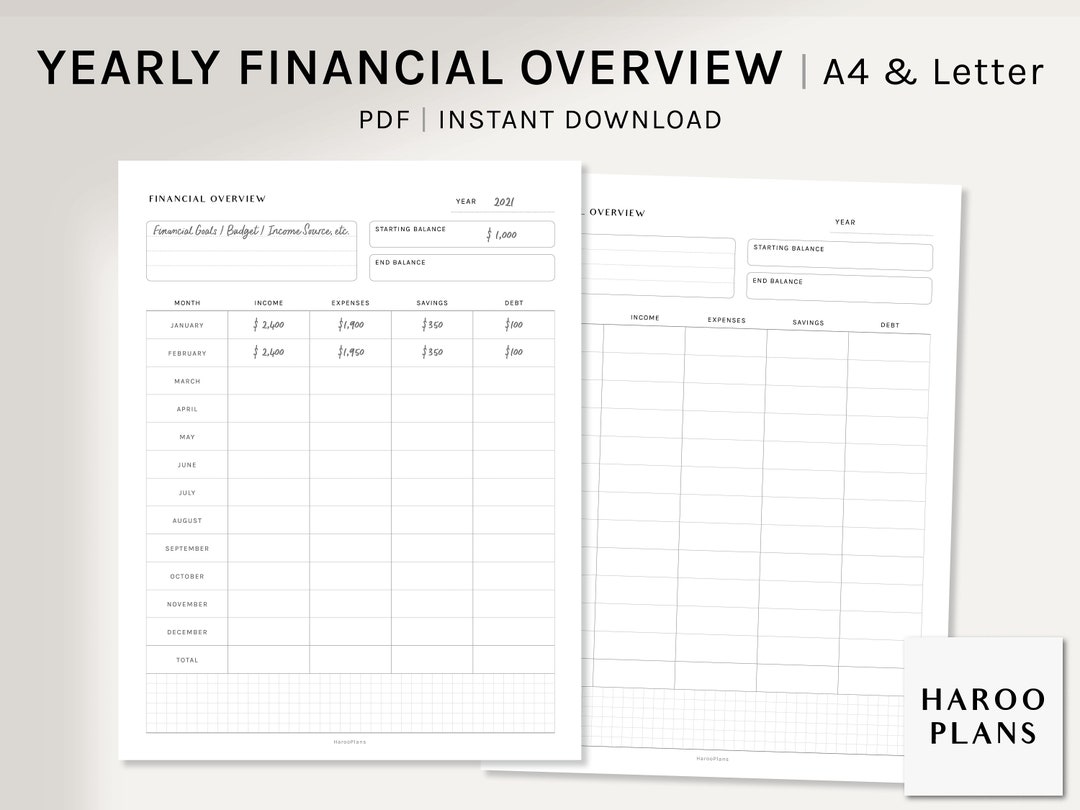 Yearly Financial Overview | A4, US Letter Printable Planner Inserts ...