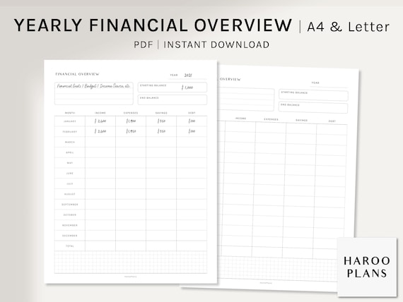 Yearly Financial Overview A4 US Letter Printable Planner - Etsy