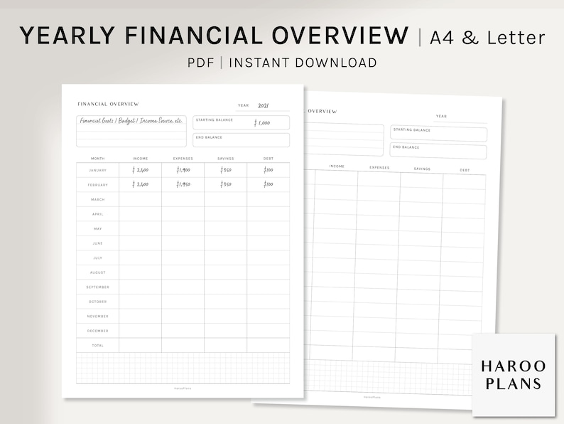 Yearly Financial Overview | A4, US Letter Printable Planner Inserts ...