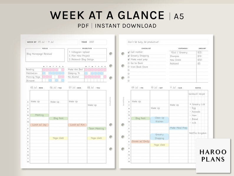 Week at a Glance A5 Ring Printable Planner Inserts Weekly | Etsy