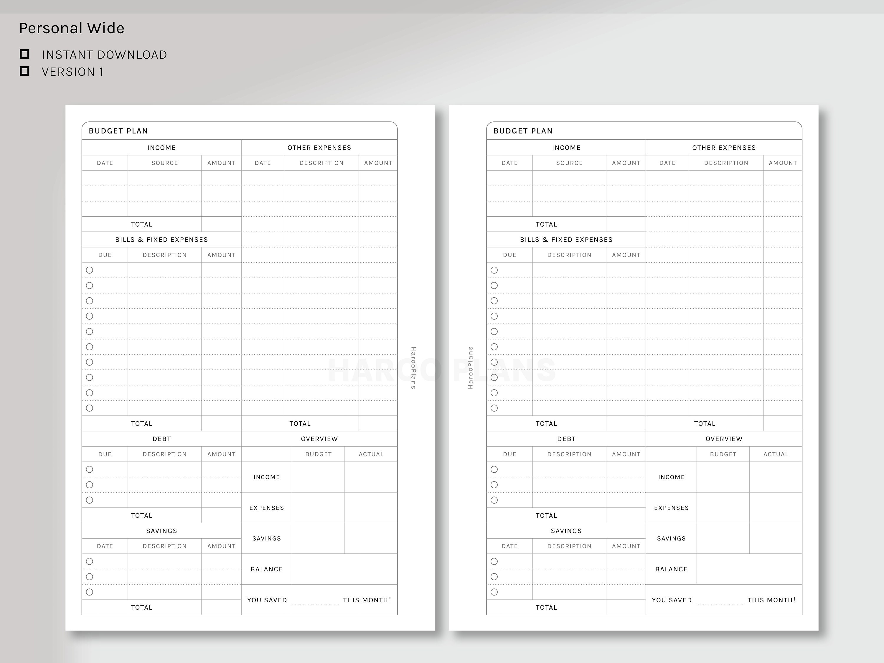 Budget Planner | Personal Wide Size Printable Inserts | Finance ...