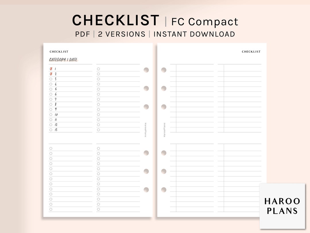 Checklist Sheet | FC Compact Printable Planner Inserts | Work Task Get ...