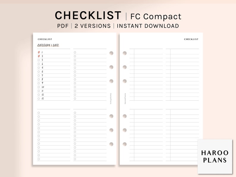 Checklist Sheet | FC Compact Printable Planner Inserts | Work Task Get It Done List Template ...
