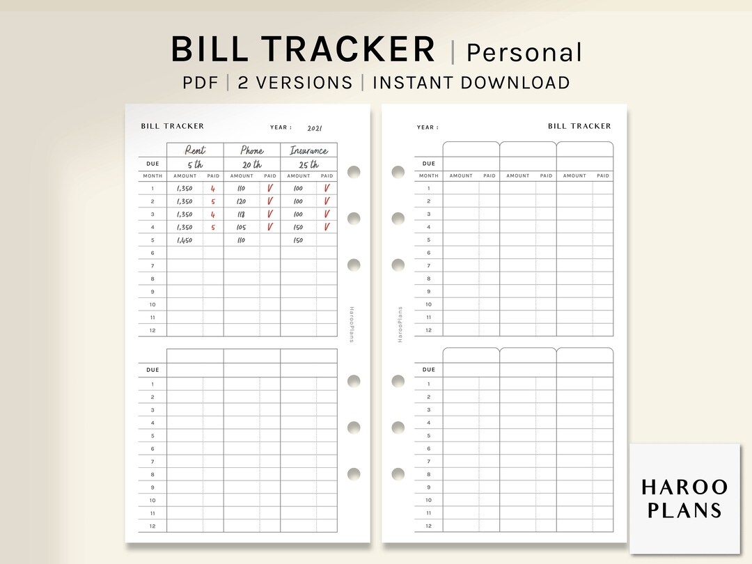 Bill Tracker | Personal Printable Planner Inserts | Spending Log ...