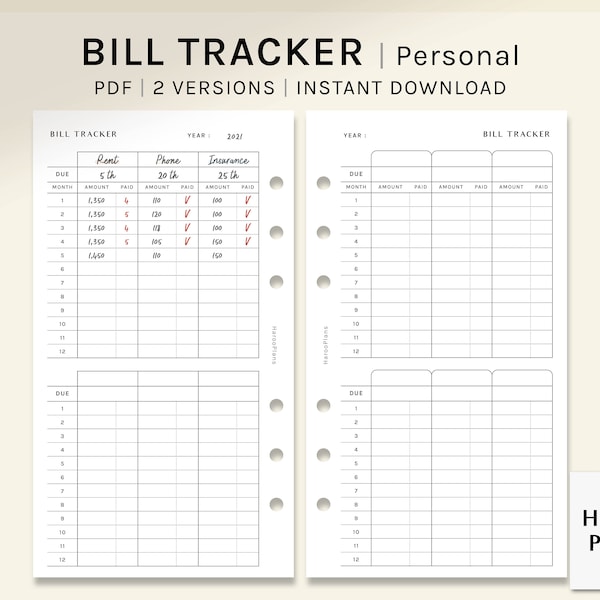 Bill Tracker Personal Insert - Etsy