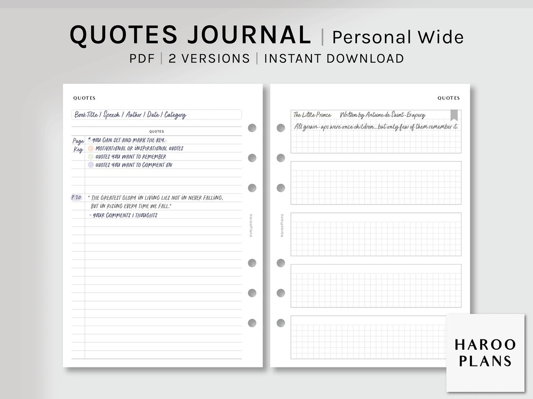 Quotes Journal | Personal Wide Printable Planner Inserts | Reading ...