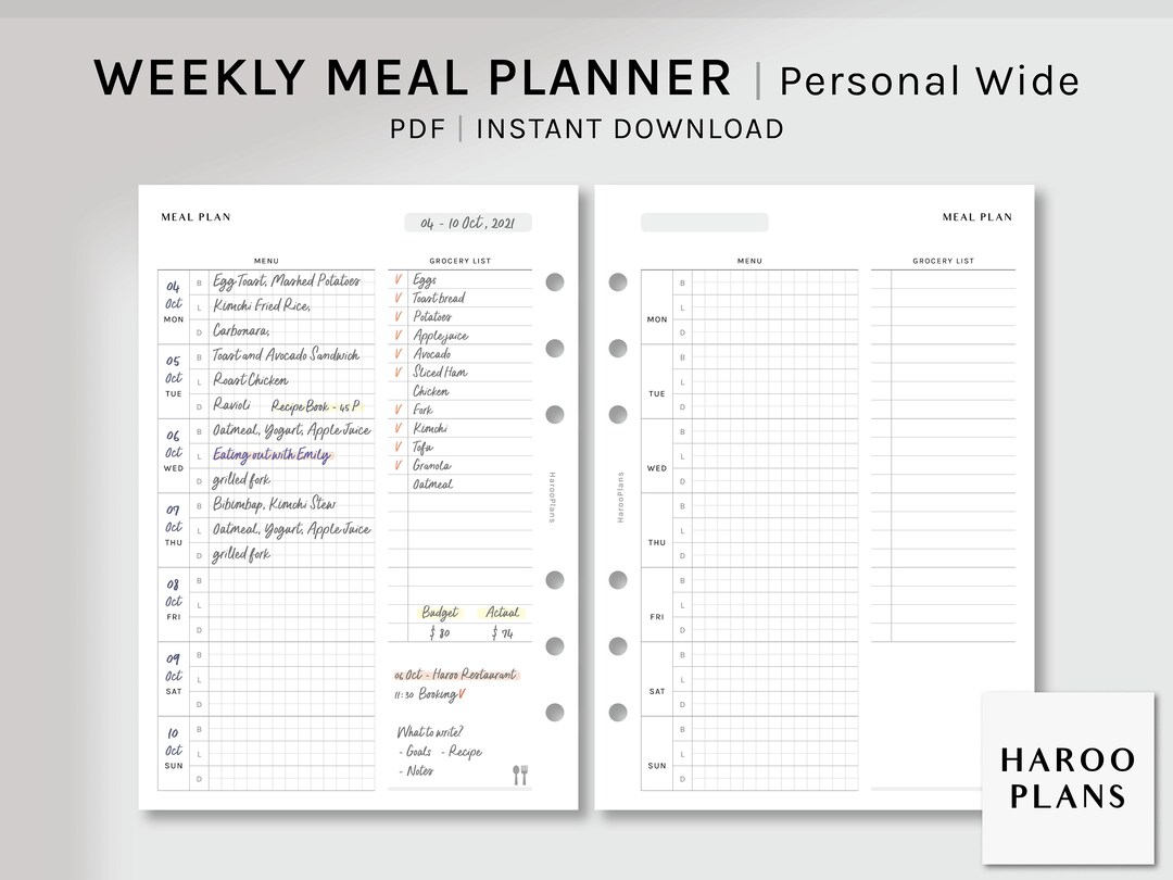 Meal Plan With Grocery List | Personal Wide Printable Planner Inserts ...