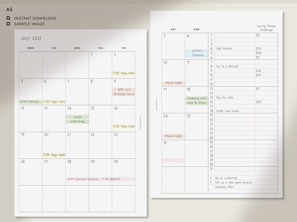 Undated Monthly Planner A5 Printable Planner Inserts MO2P | Etsy