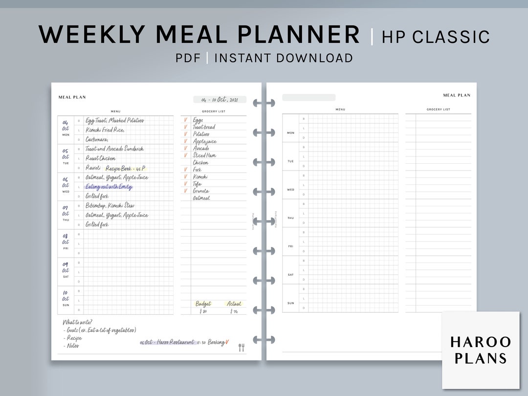 Meal Plan | HP Classic Printable Happy Planner Inserts | Grocery Food ...