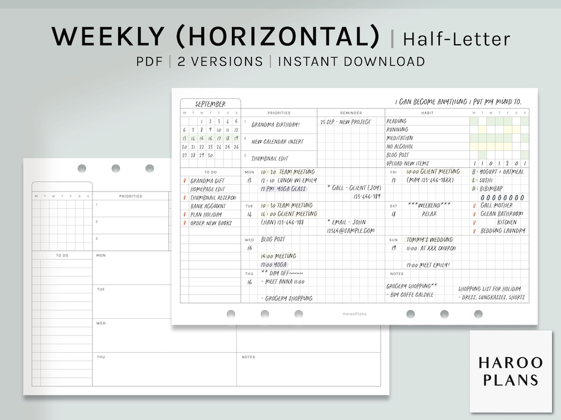 Undated Weekly Half-letter Printable Planner Inserts WO1P - Etsy