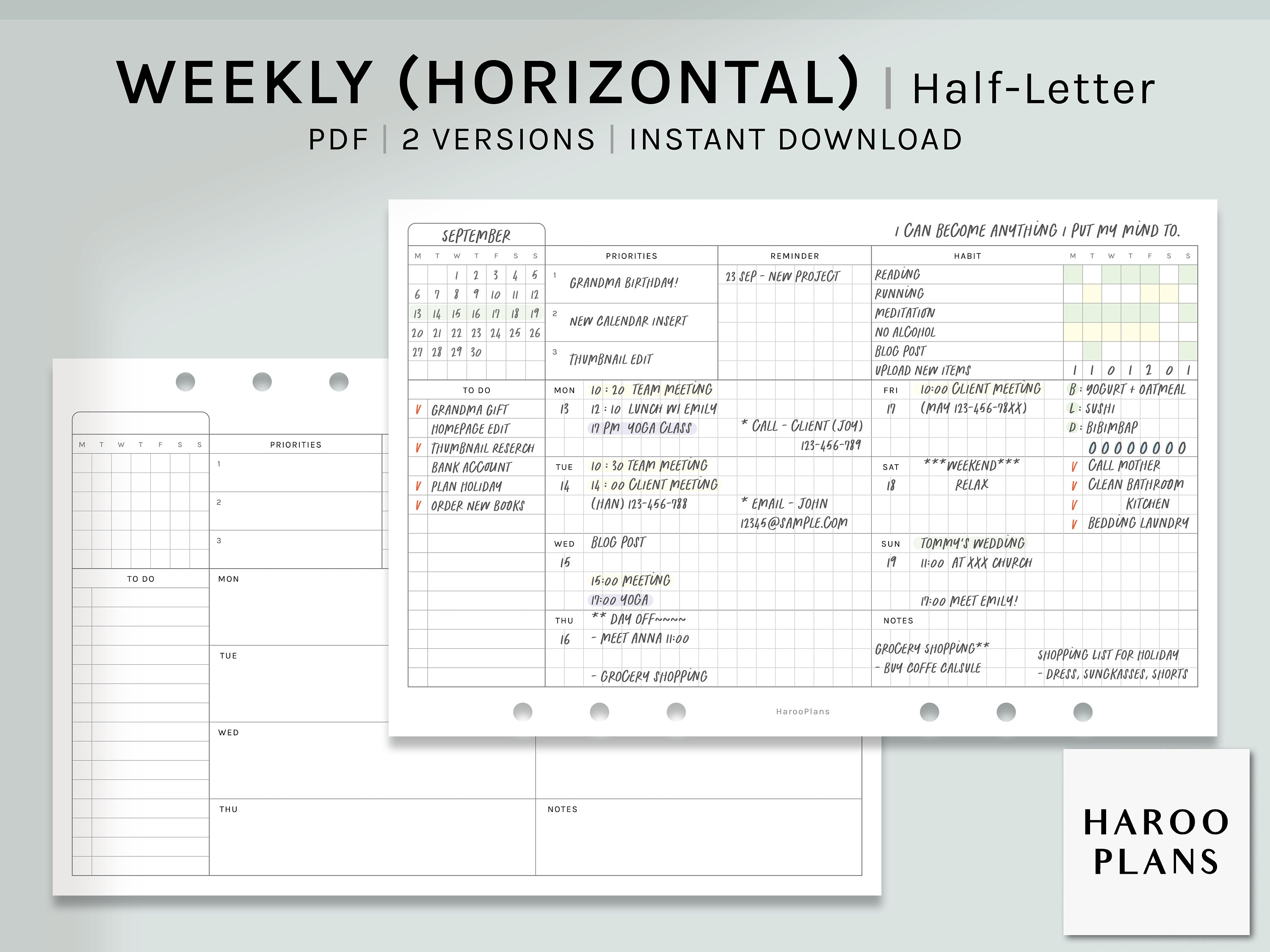 Undated Weekly Half-letter Printable Planner Inserts WO1P - Etsy
