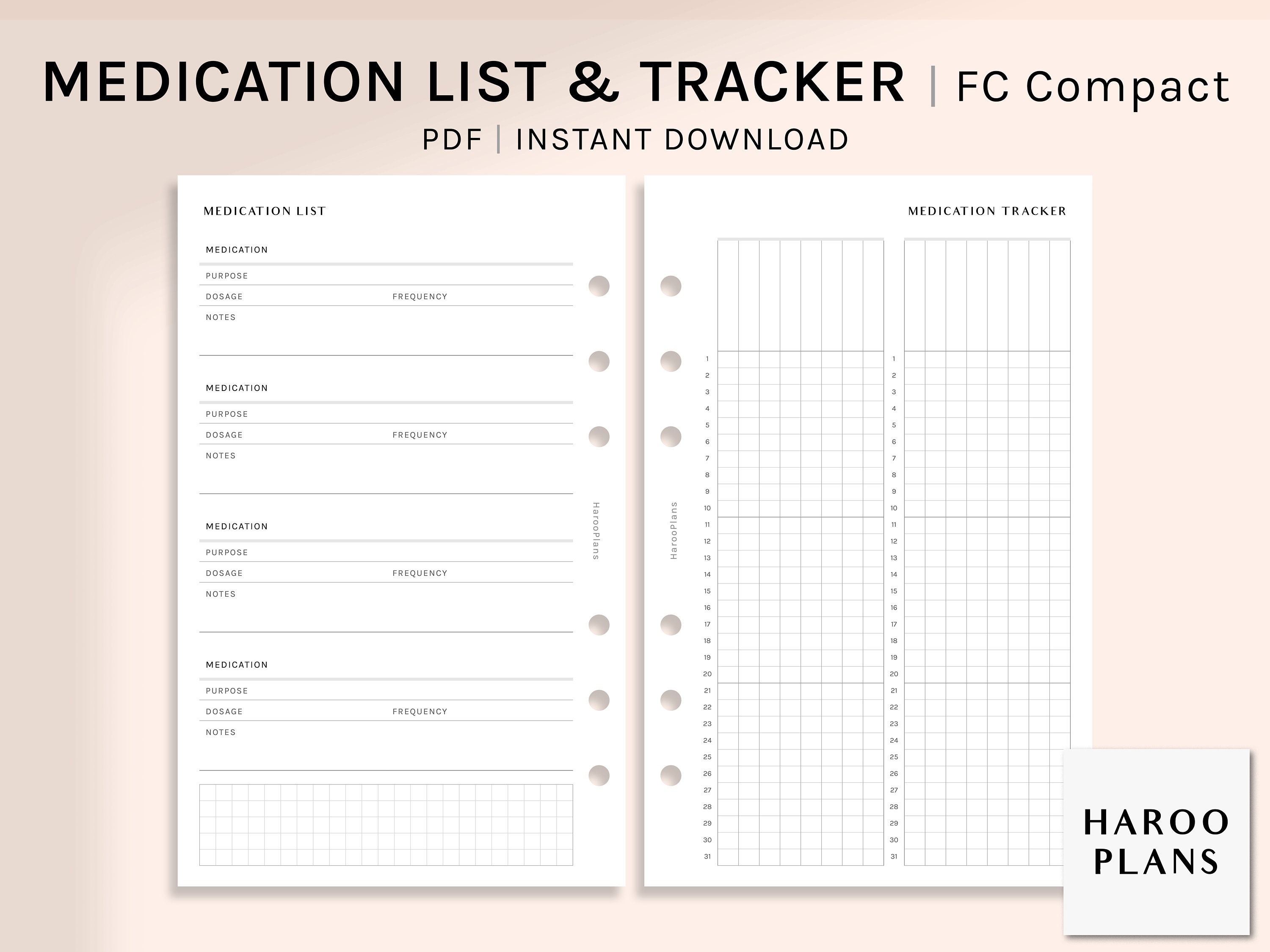 Medication List & Tracker Sheet FC Compact Printable Planner - Etsy