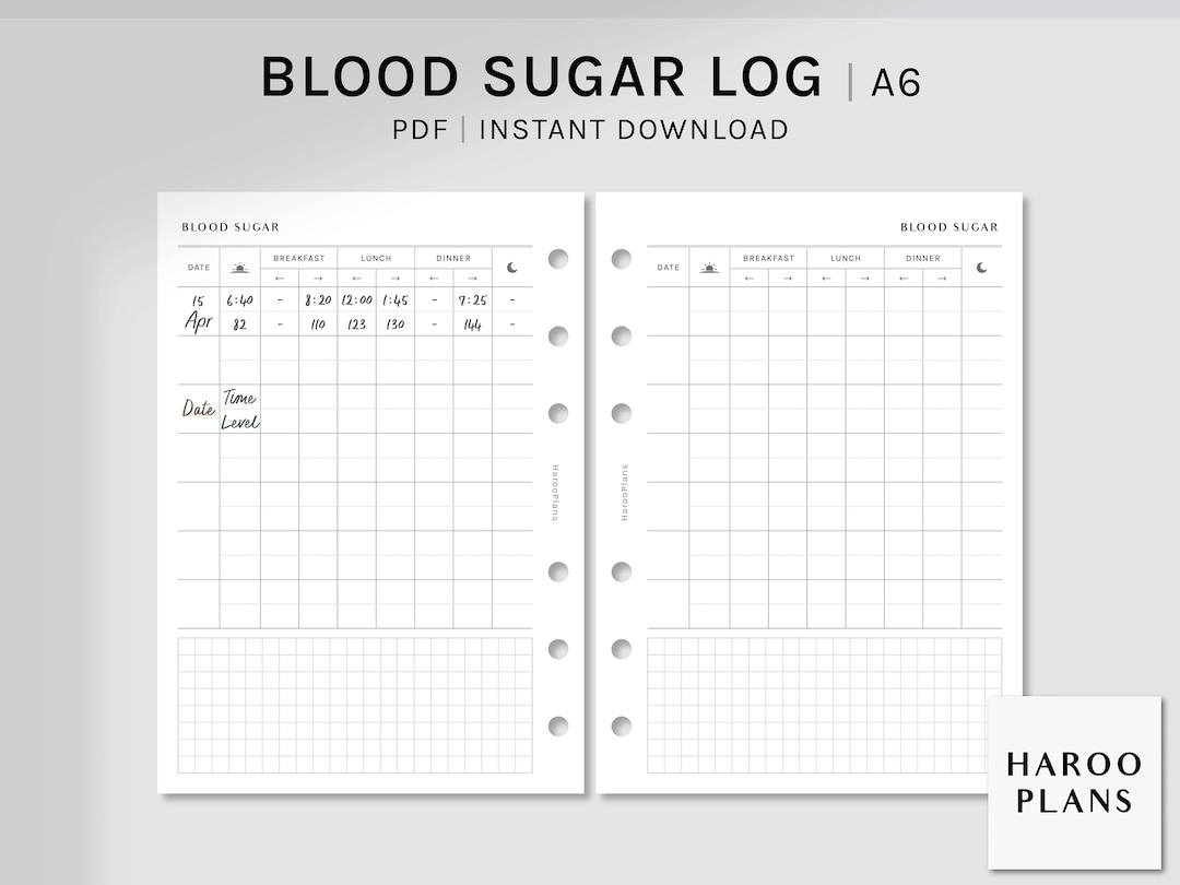 Blood Sugar Log | A6 Printable Planner Inserts | Blood Glucose Level ...