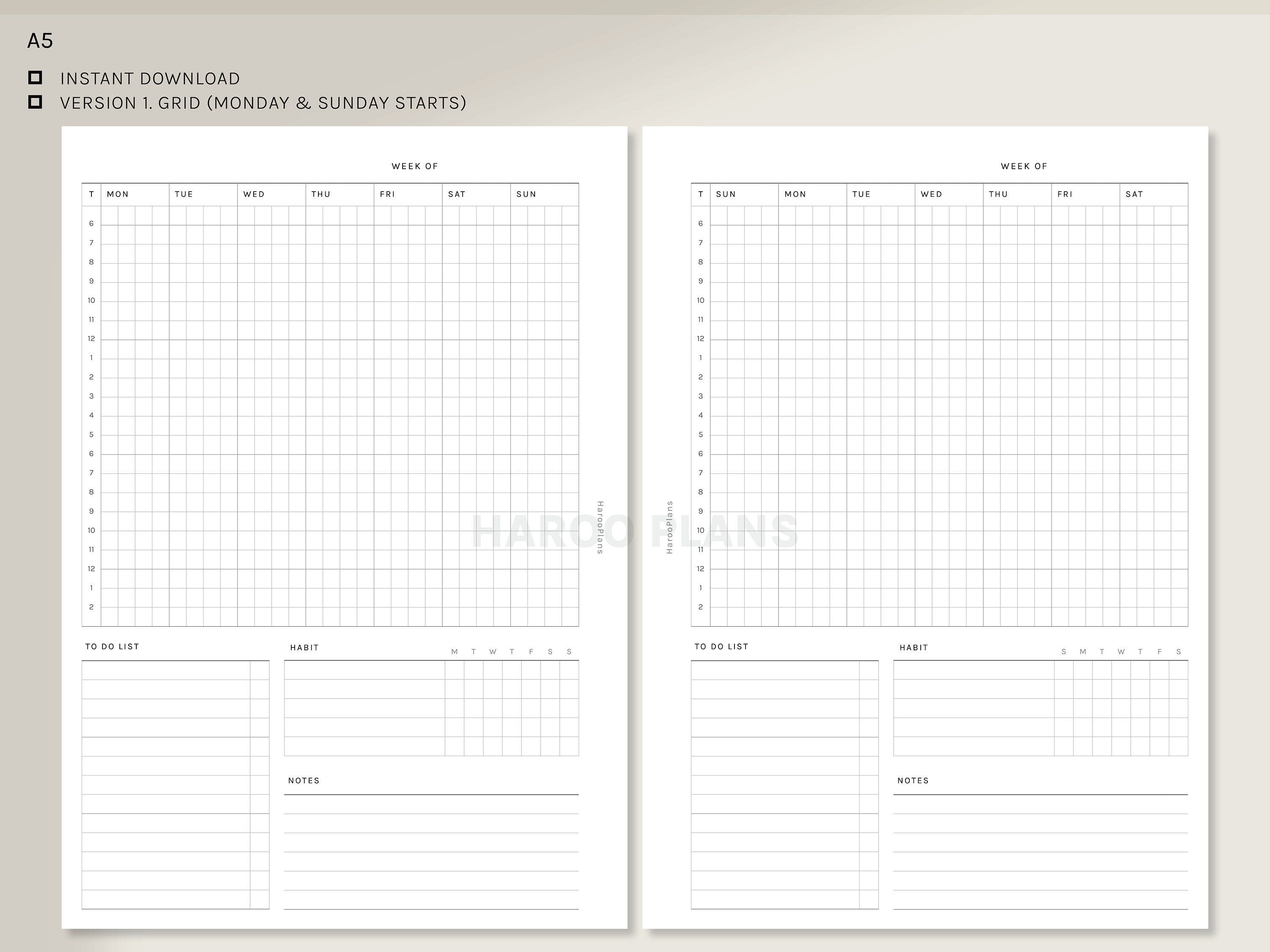 WO1P Schedule | A5 Printable Planner Inserts | Simple Weekly Time ...