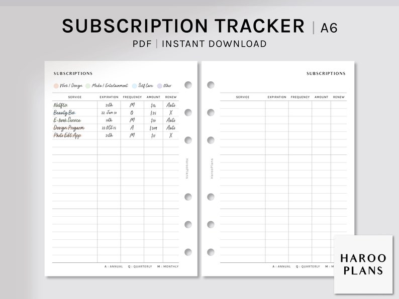 Subscription Tracker | A6 Printable Planner Inserts | Monthly ...