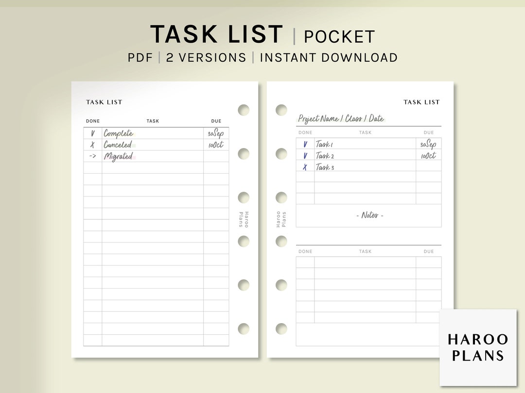 Task List | Pocket Size Printable Planner Inserts | to Do List Template ...