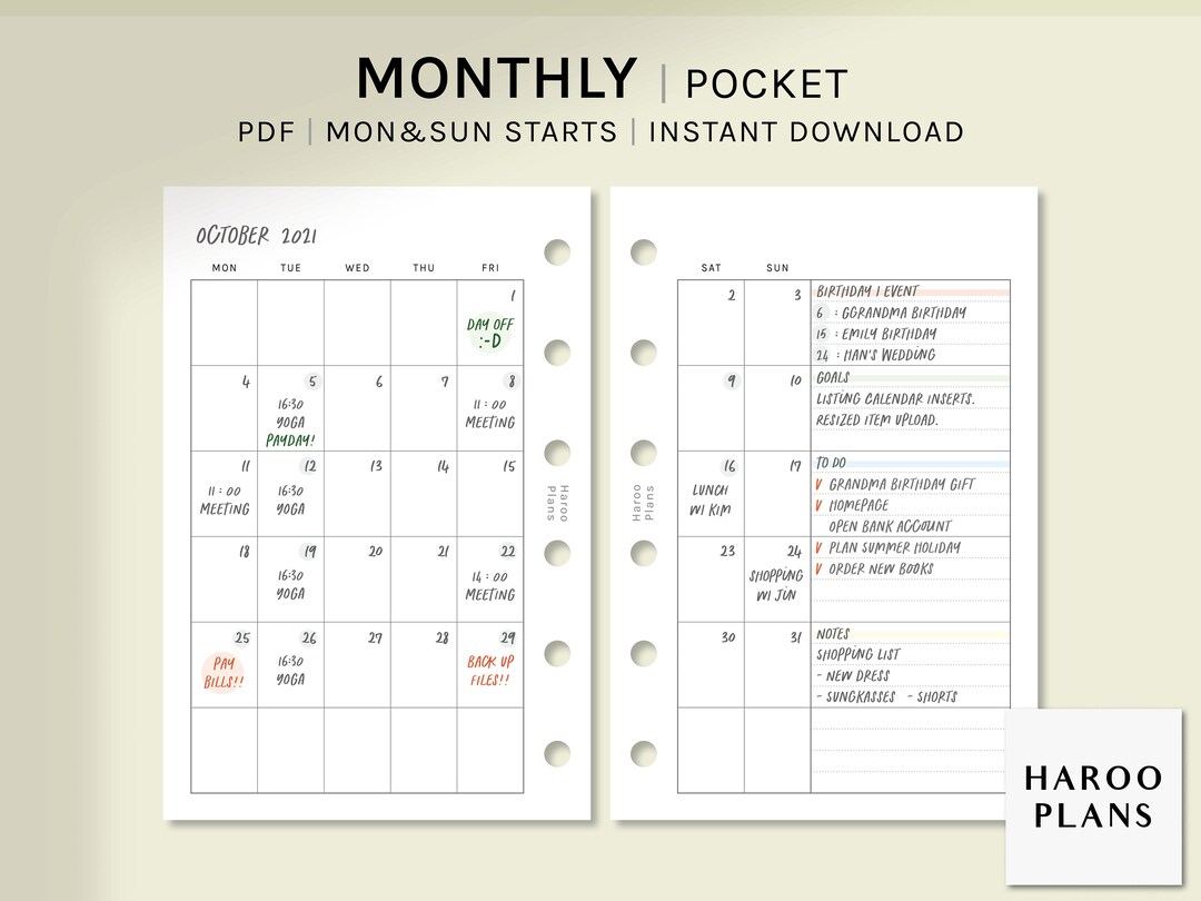 Undated Monthly Planner | Pocket Size Printable Inserts | Simple MO2P ...