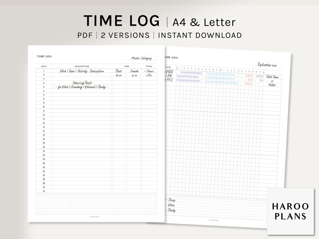 Time Log | A4, US Letter Printable Planner Inserts | Work Activity Time ...