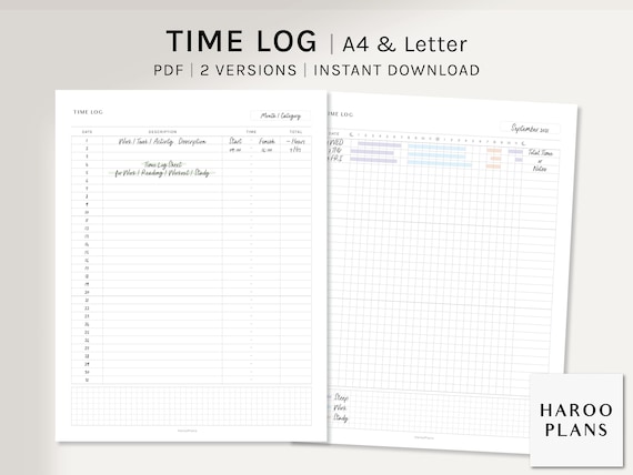 Time Log A4 US Letter Printable Planner Inserts Work | Etsy