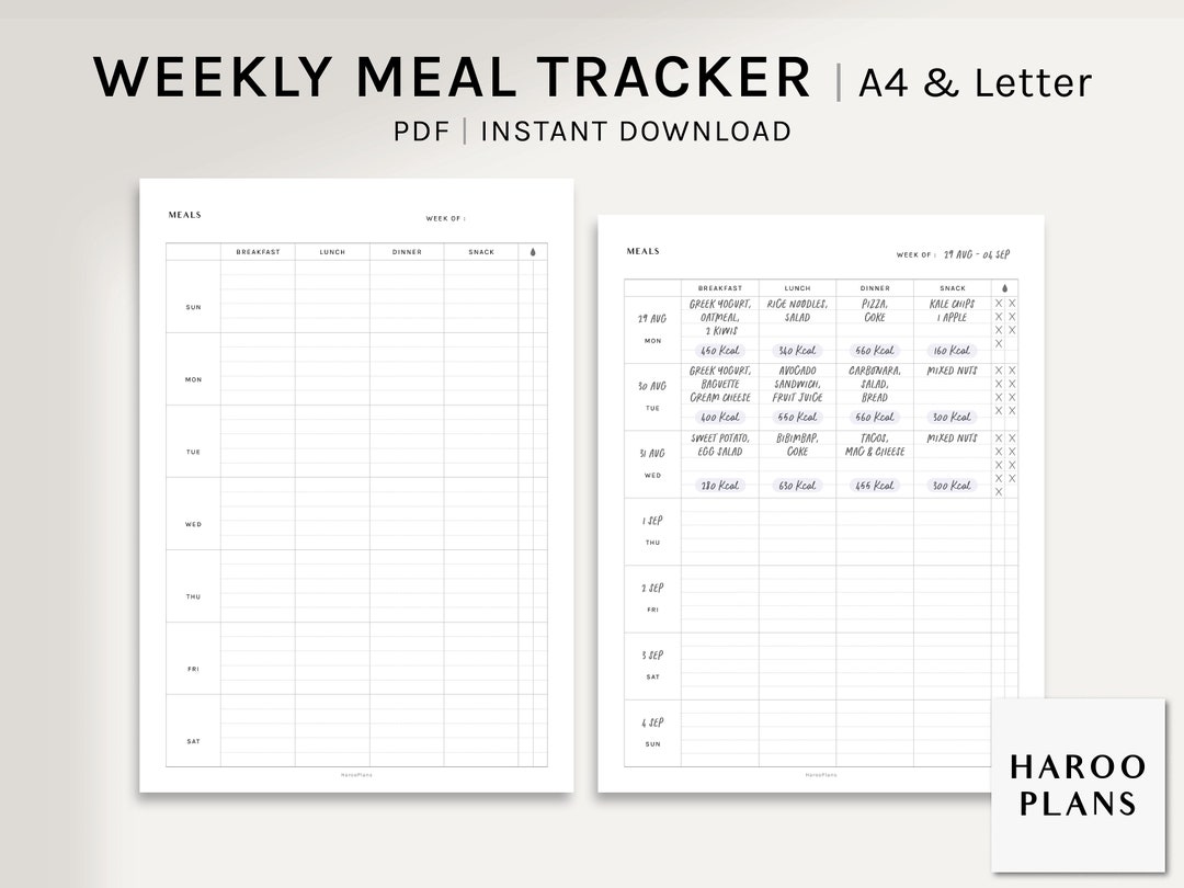 Weekly Meal Tracker | A4, US Letter Printable Planner Inserts | Food ...