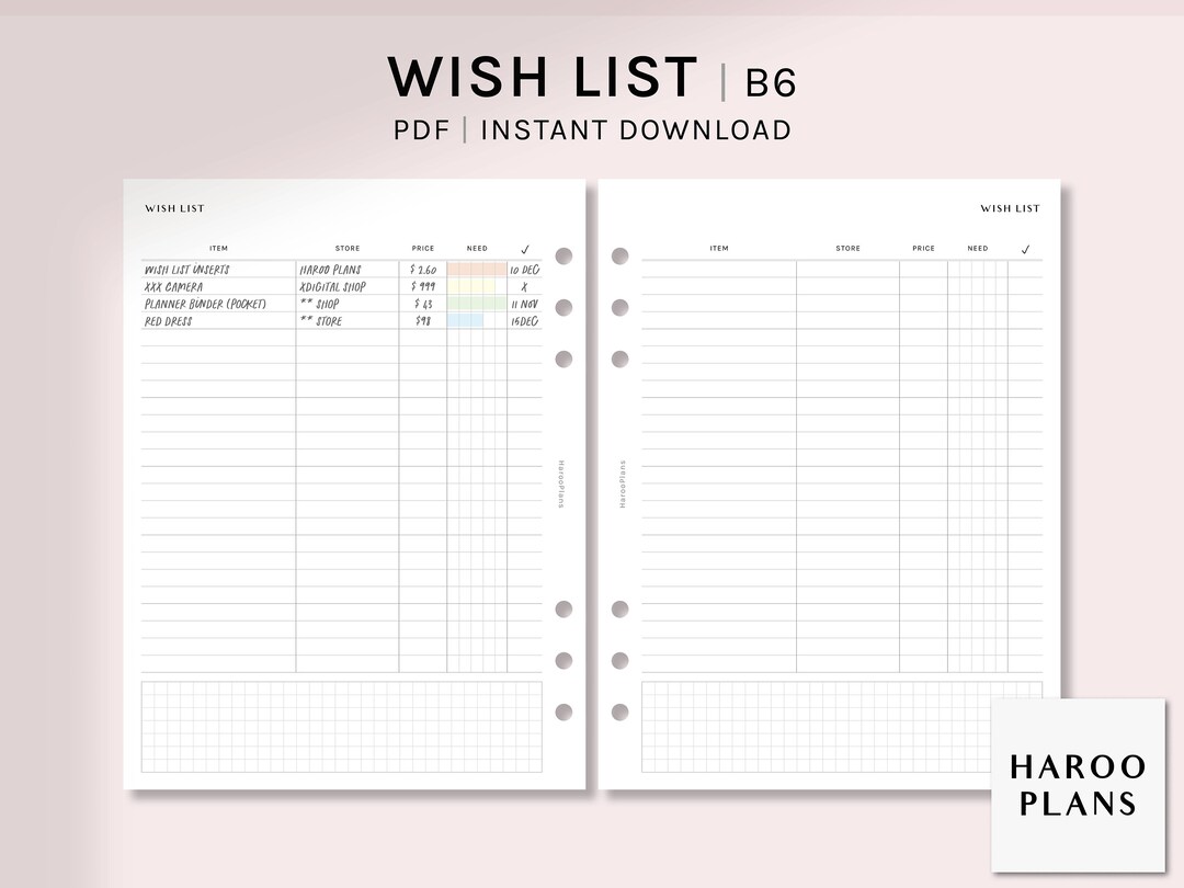Wish List | B6 Ring Printable Planner Inserts | Wishlist Template ...