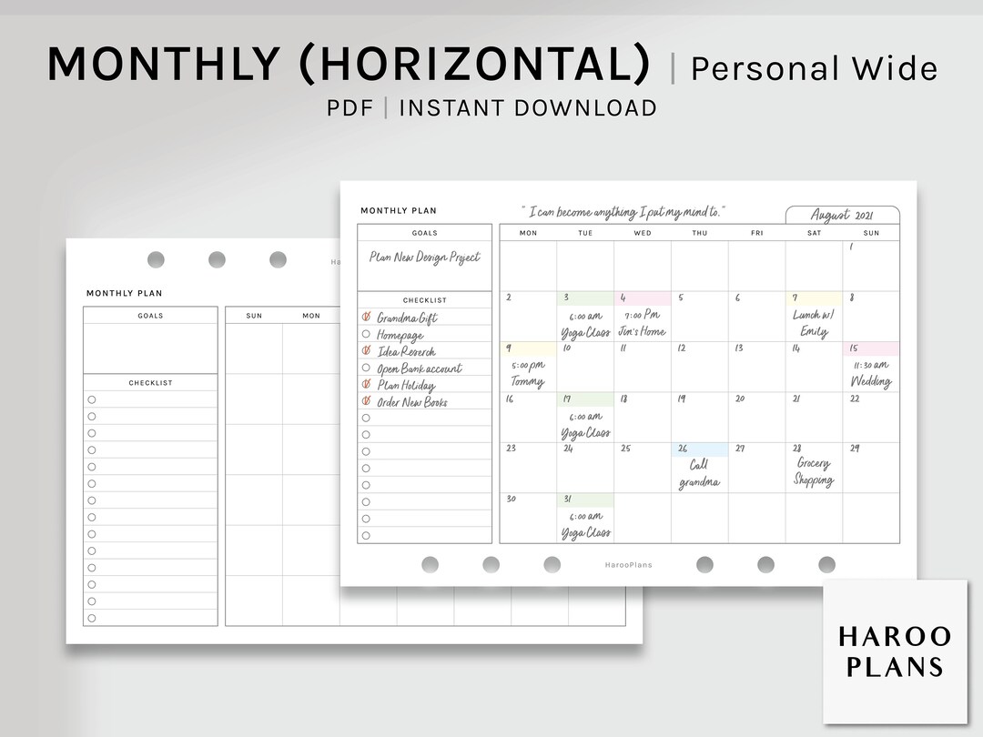 Monthly Planner | Personal Wide Printable Inserts | MO1P Horizontal ...