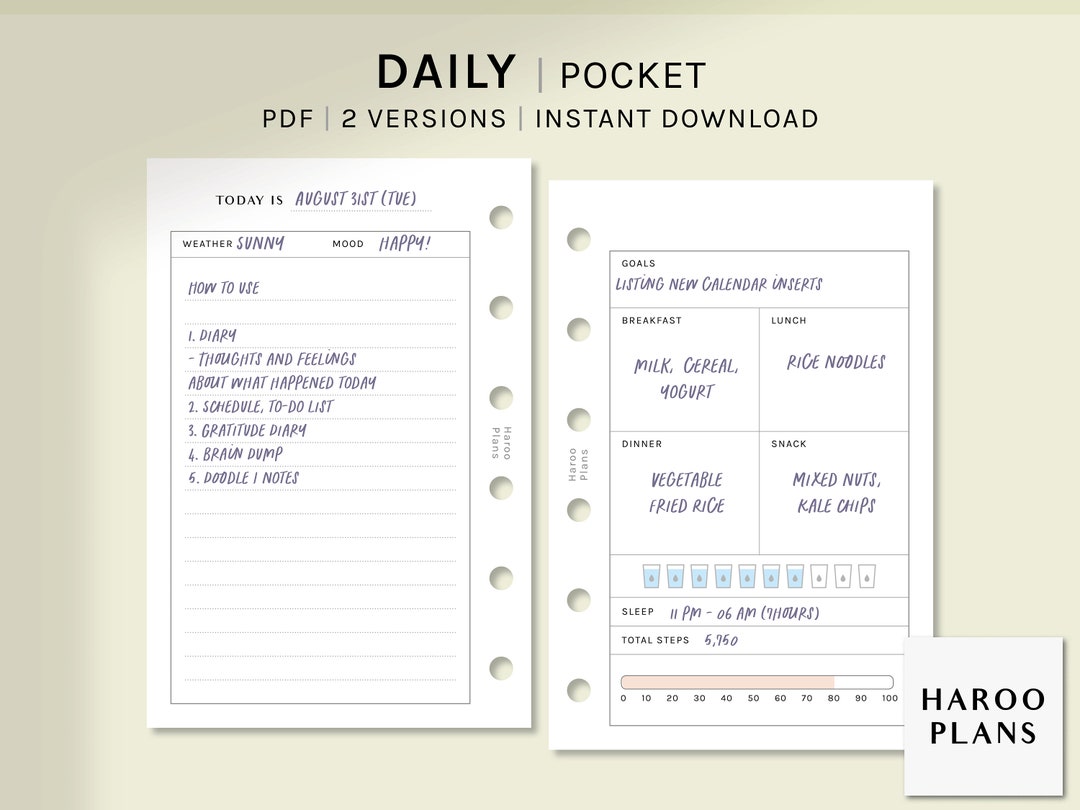 Daily Diary | Pocket Ring Printable Planner Inserts | Idea Notes, Today ...