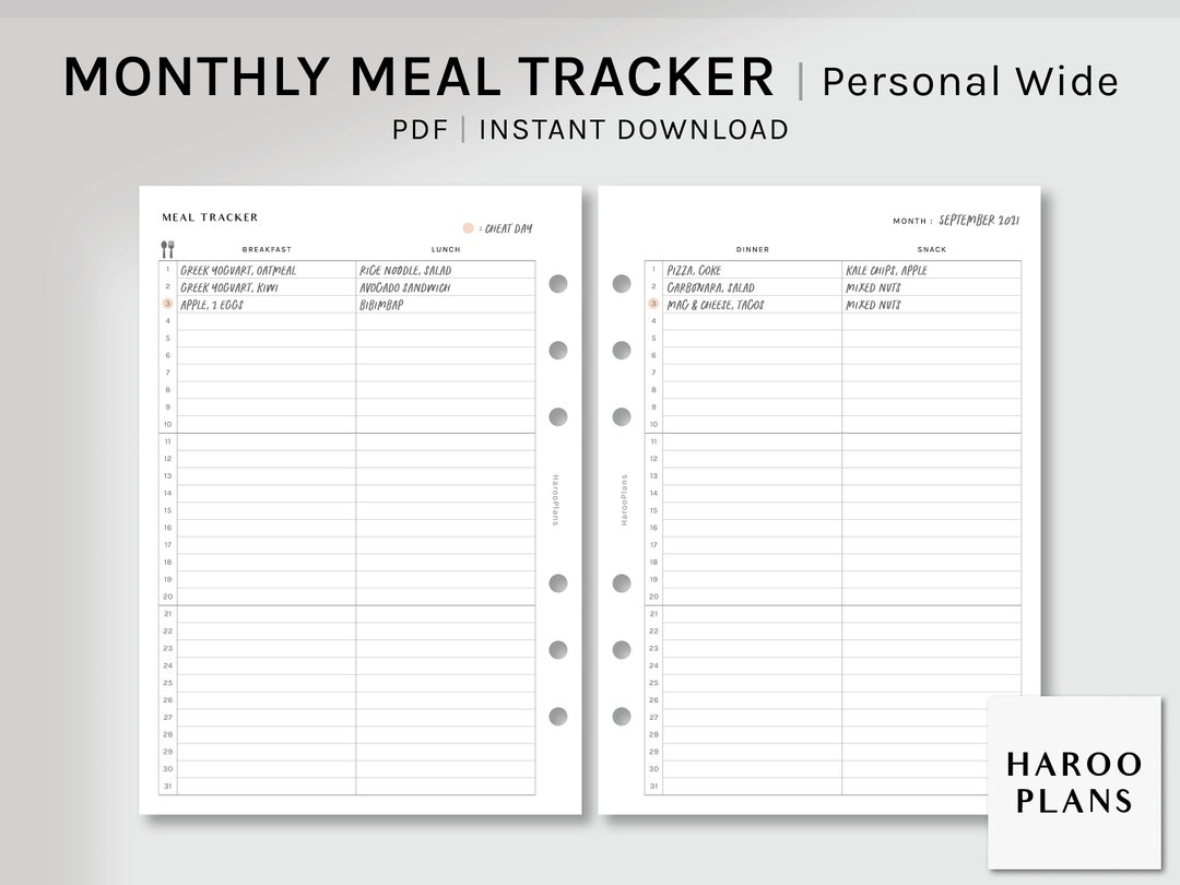 Monthly Meal Tracker | Personal Wide Printable Planner Inserts | Diet ...