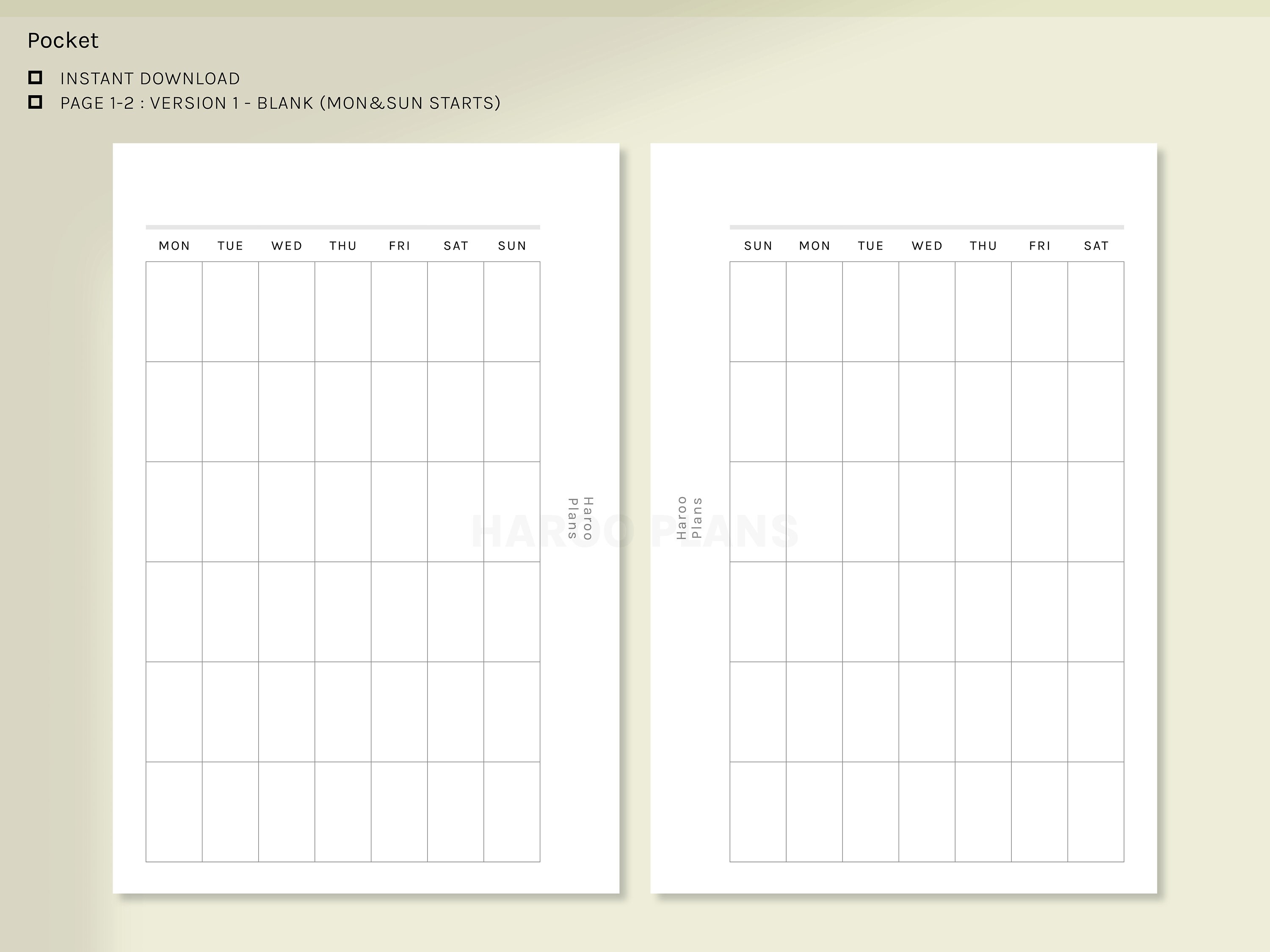 Undated Monthly Calendar | Pocket Size Printable Planner Inserts ...