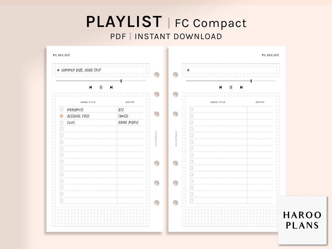 Playlist Sheets FC Compact Printable Planner Inserts Music List Journal ...