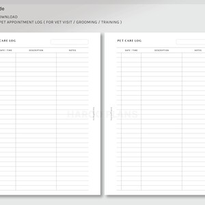 Pet Care Log | Personal Wide Printable Planner Inserts | Animal ...