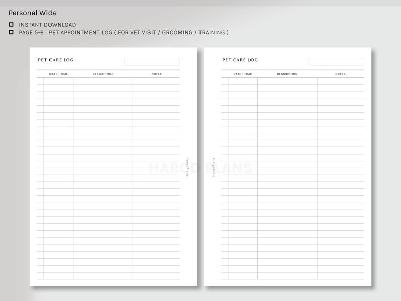 Pet Care Log Personal Wide Printable Planner Inserts - Etsy