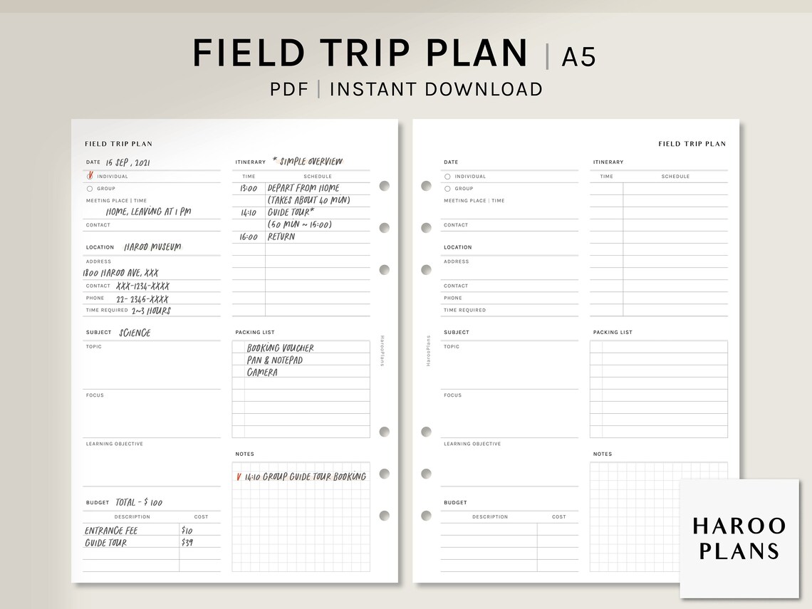 Field Trip Planning Sheet A5 Printable Planner Inserts - Etsy