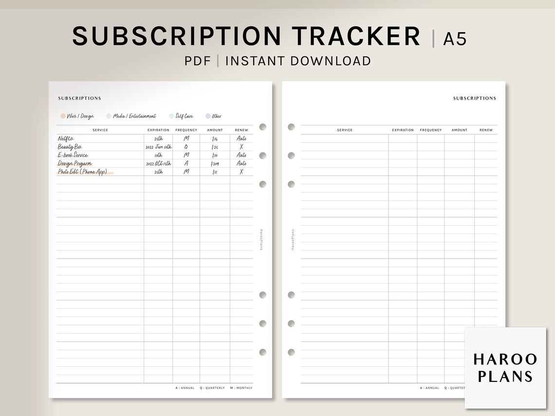Subscription Tracker | A5 Printable Planner Inserts | Monthly ...
