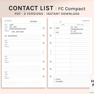 Contact List Sheet | FC Compact Printable Planner Inserts | Phone ...