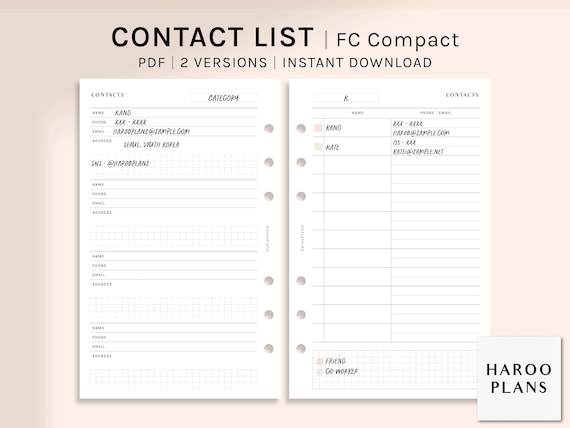 Contact List Sheet FC Compact Printable Planner Inserts - Etsy