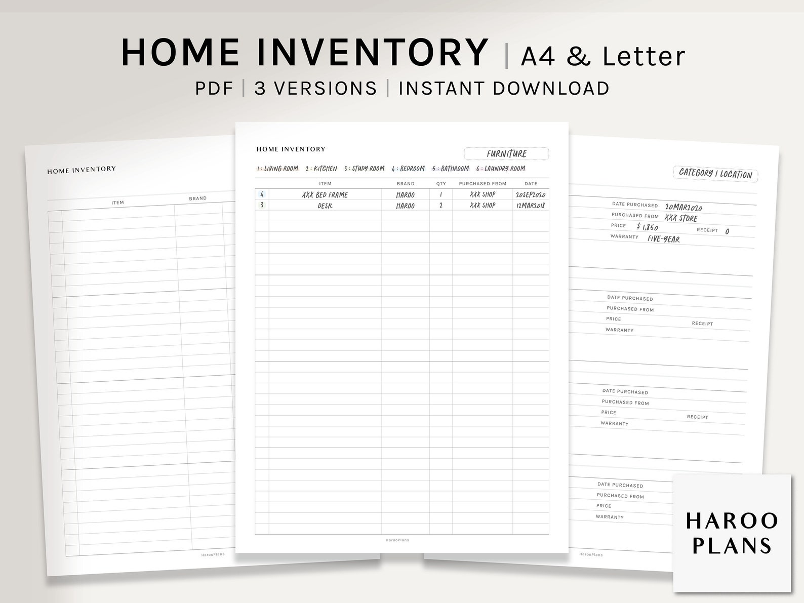 Home Inventory A4 US Letter Printable Planner Inserts - Etsy