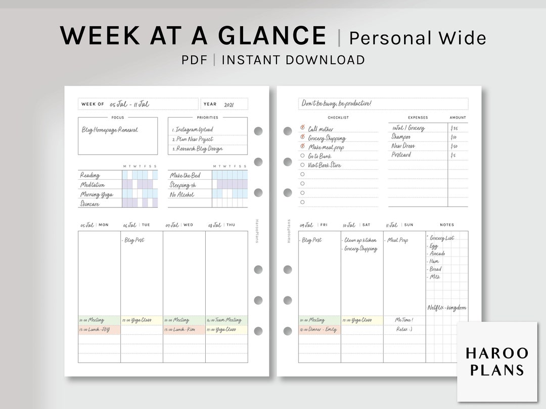 Week at a Glance | Personal Wide Ring Printable Planner Inserts ...