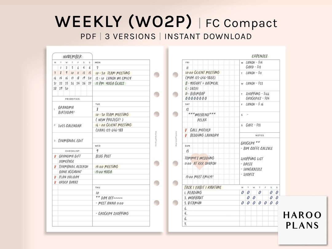 Undated Weekly | FC Compact Size Printable Planner Inserts | WO2P ...
