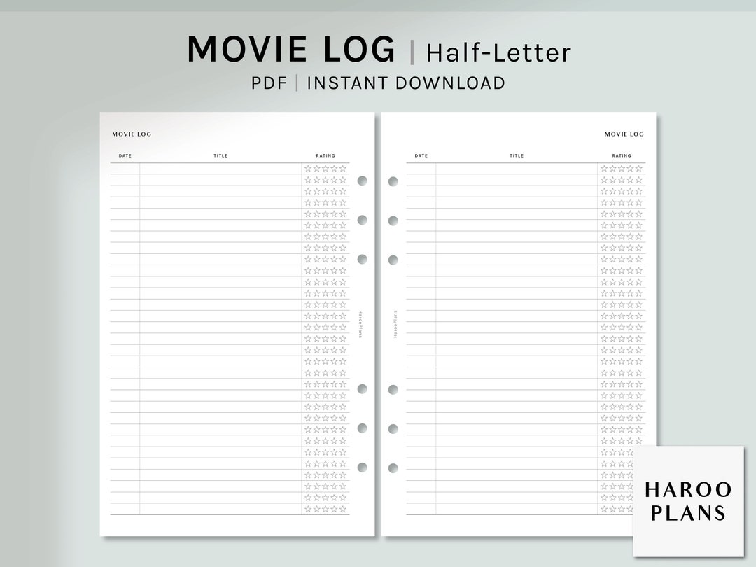 Movie Log Half-letter Printable Planner Inserts Film Tracker Template ...
