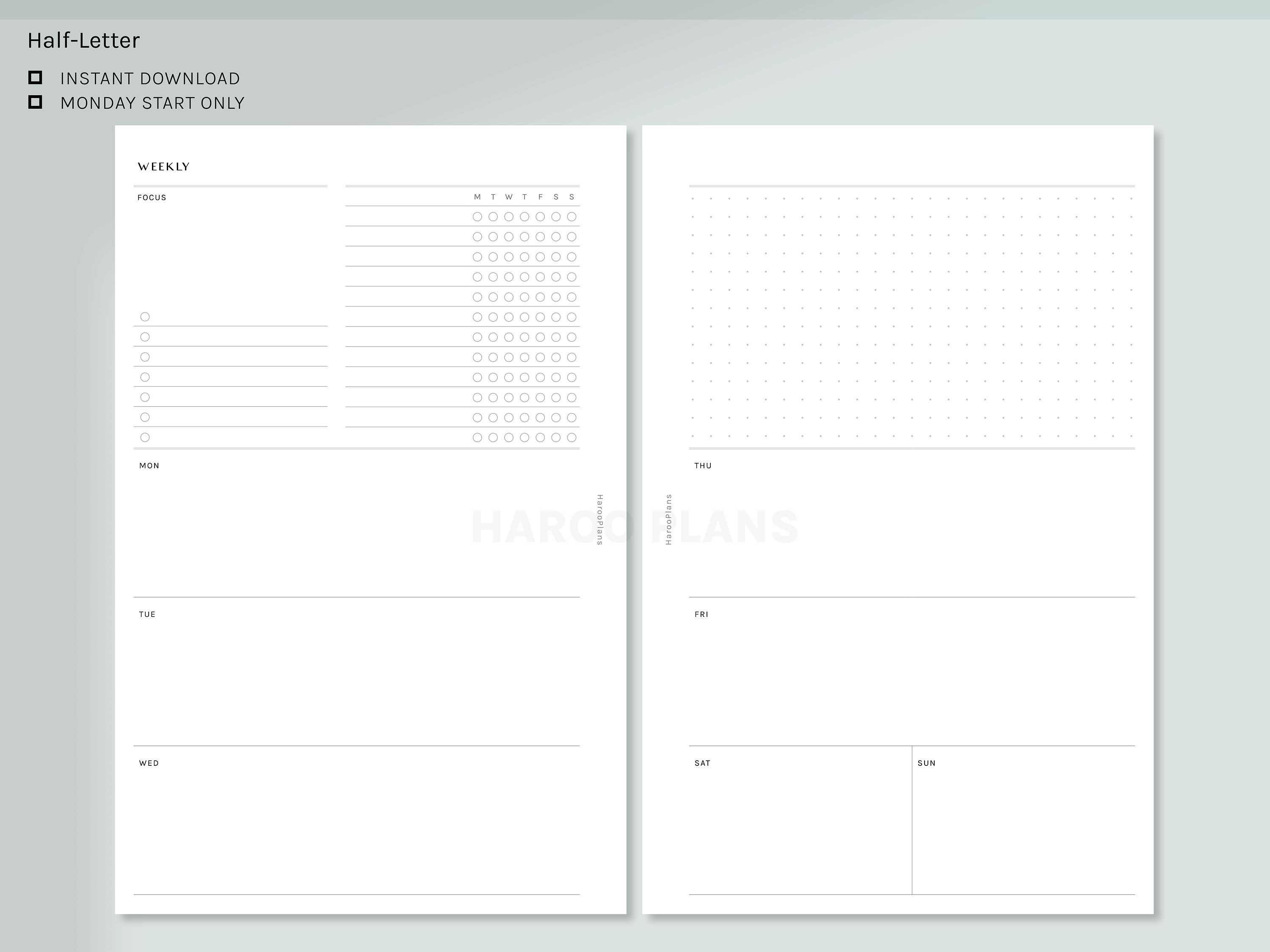Simple Weekly Half-letter Printable Planner Inserts - Etsy