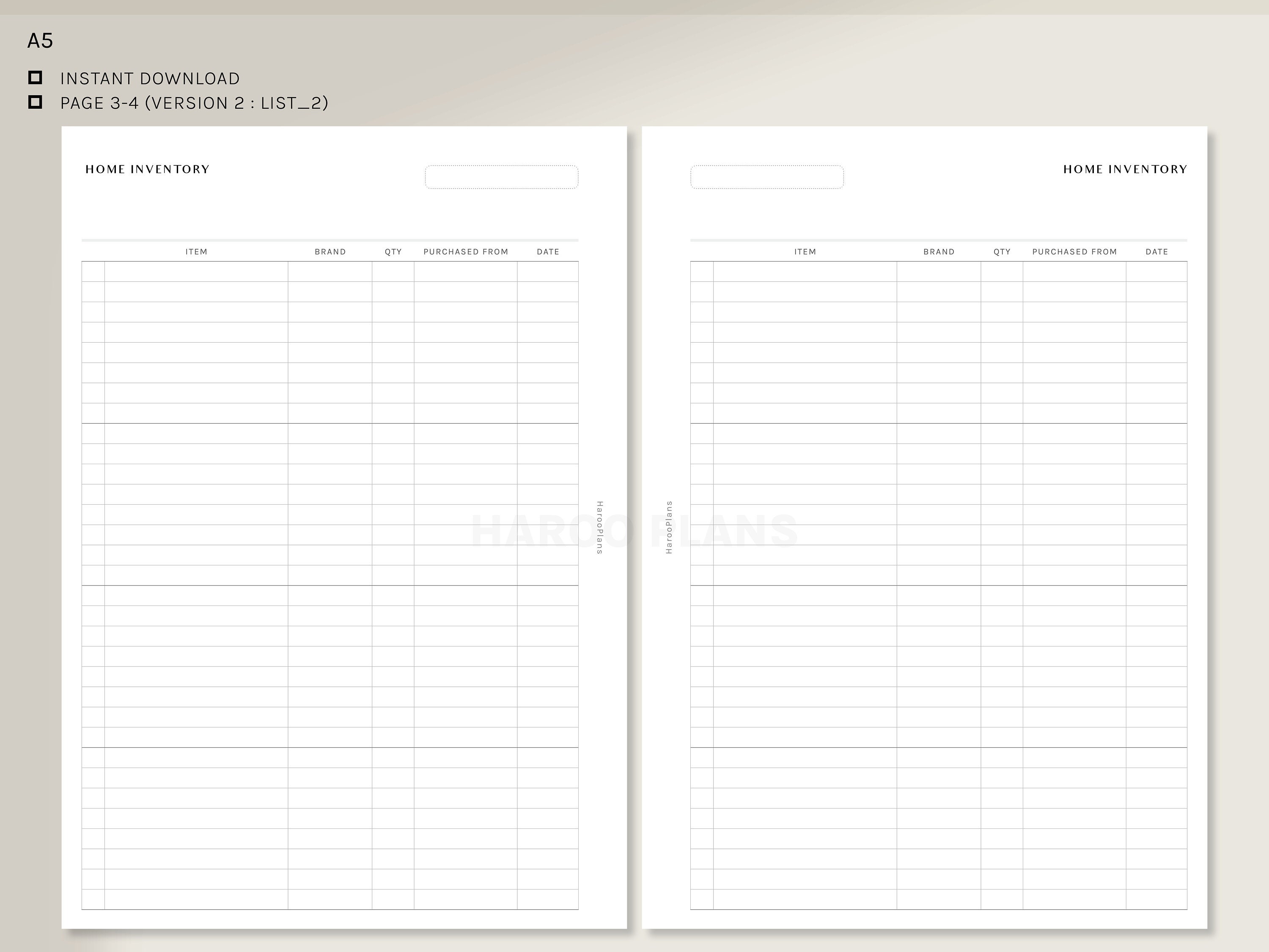 Home Inventory | A5 Printable Planner Inserts | Household Supplies ...
