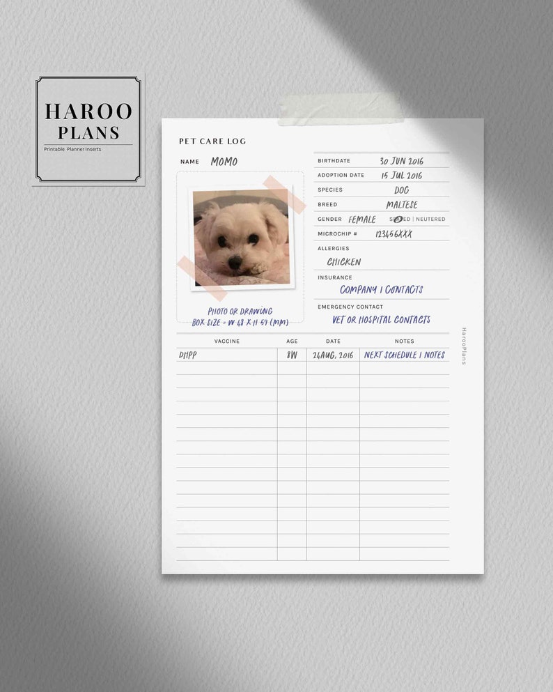 Pet Care Log Personal Wide Printable Planner Inserts - Etsy