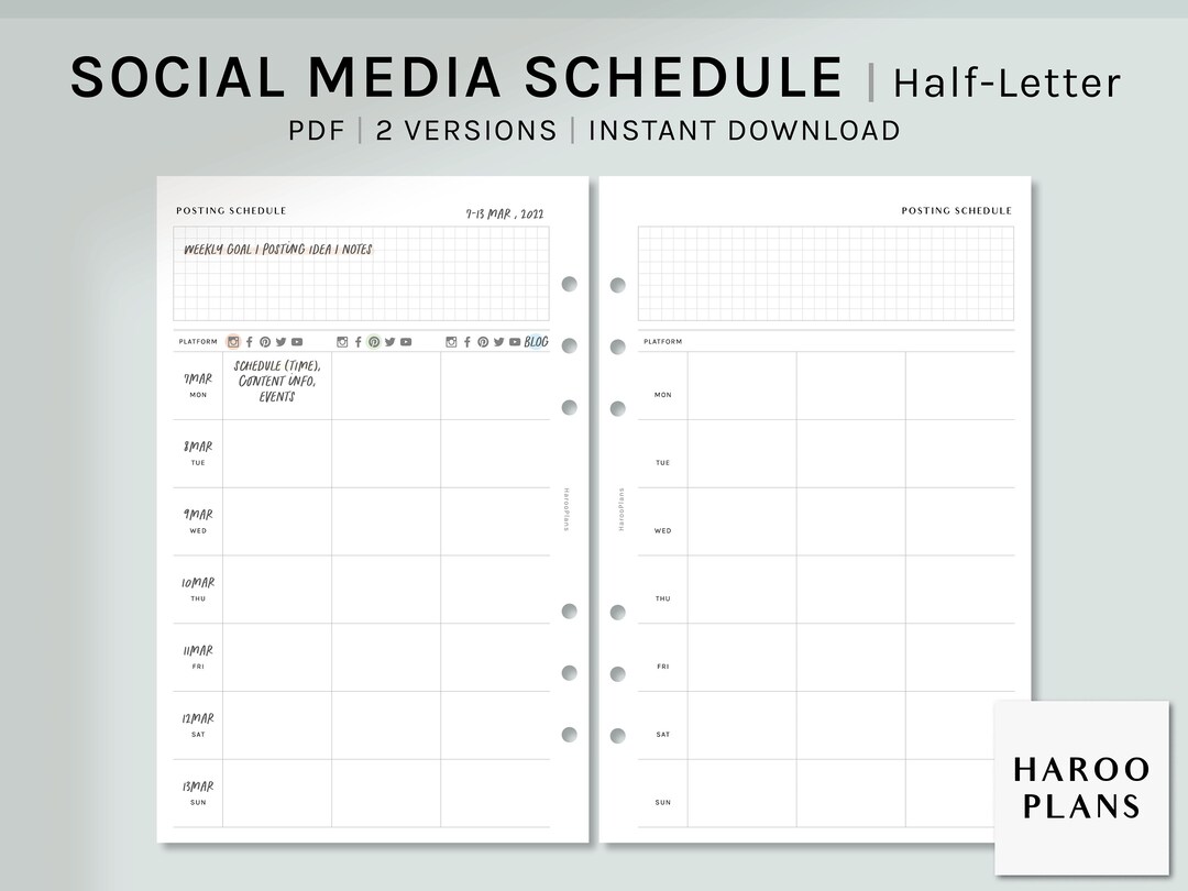 Posting Schedule | Half-letter Printable Planner Inserts | Weekly ...