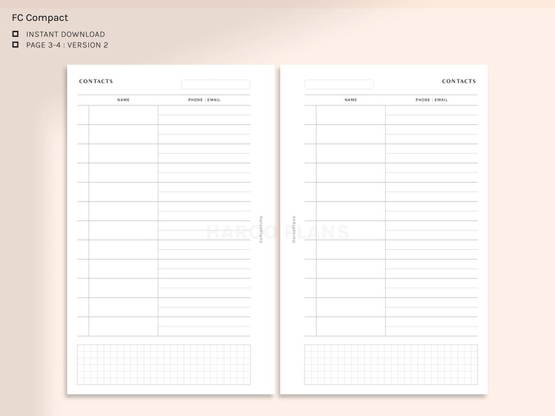 Contact List Sheet | FC Compact Printable Planner Inserts | Phone ...