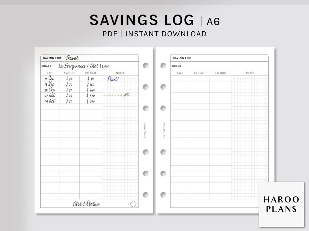 Savings Log Sheet | A6 Printable Planner Inserts | Financial Journal ...