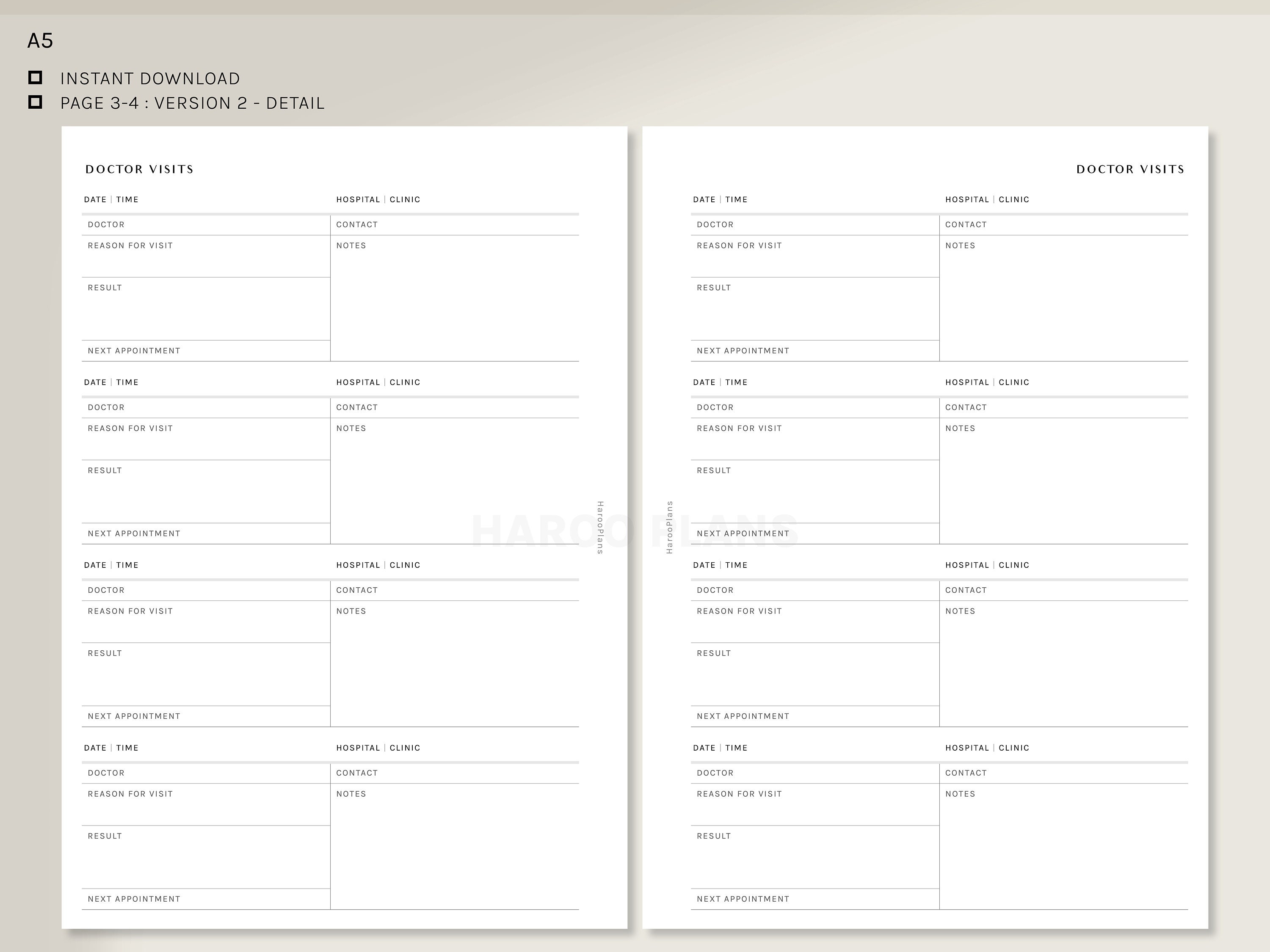 Doctor Visits Log | A5 Printable Planner Inserts | Medical Appointments ...