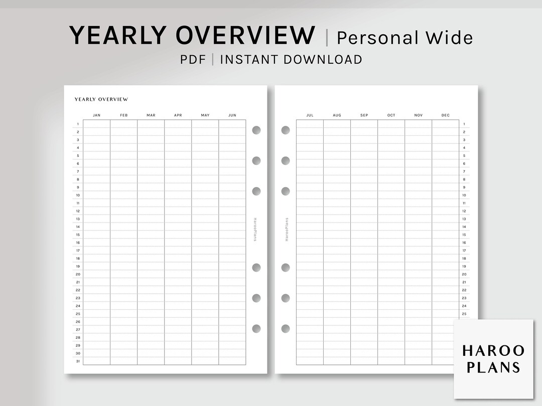 Yearly Overview | Personal Wide Printable Planner Inserts | YO2P Year ...